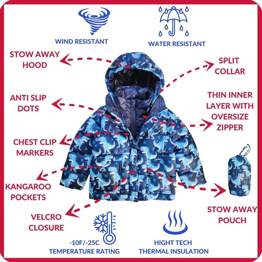 Car Seat Coat | One Kid Road Coat Vegan – Navy Raptor Print – Onekid